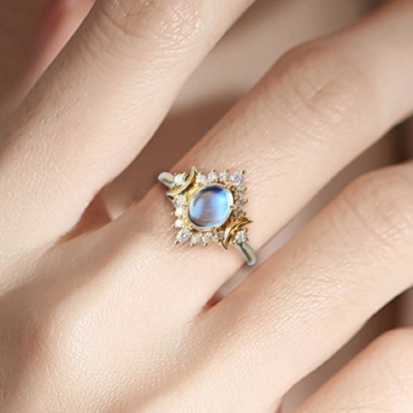 unknown | Jewelry | New Moonstone Golden Tone Inlaid Ring 8 Rhinestone ...